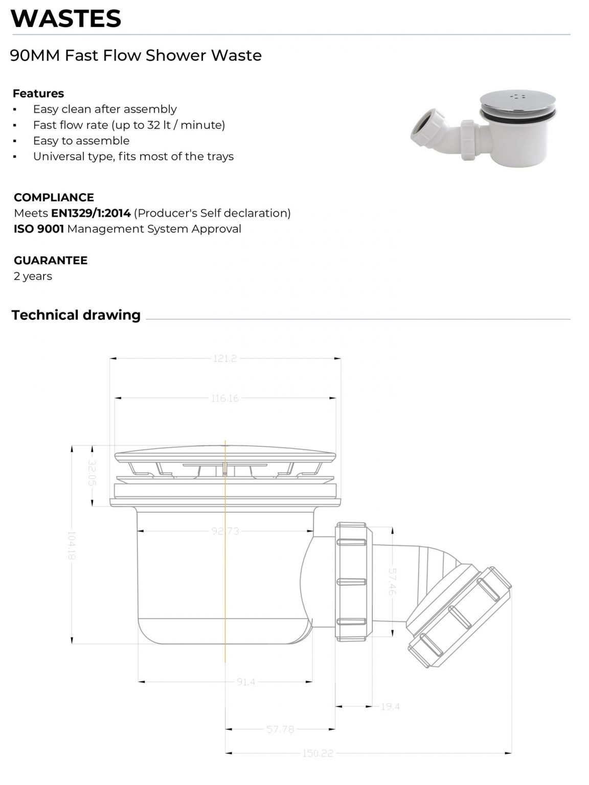 90mm Fast Flow Waste Chrome